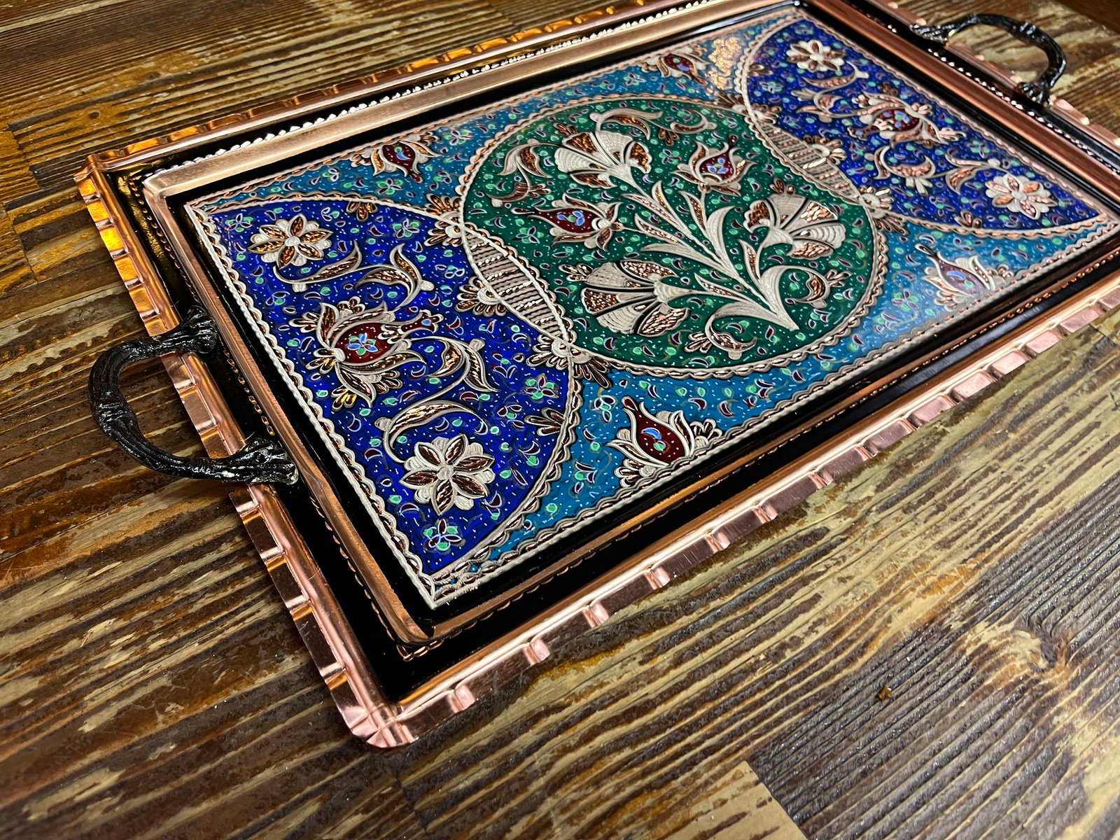 Traditional Carved Copper Tray with Handles for sale at Pamono