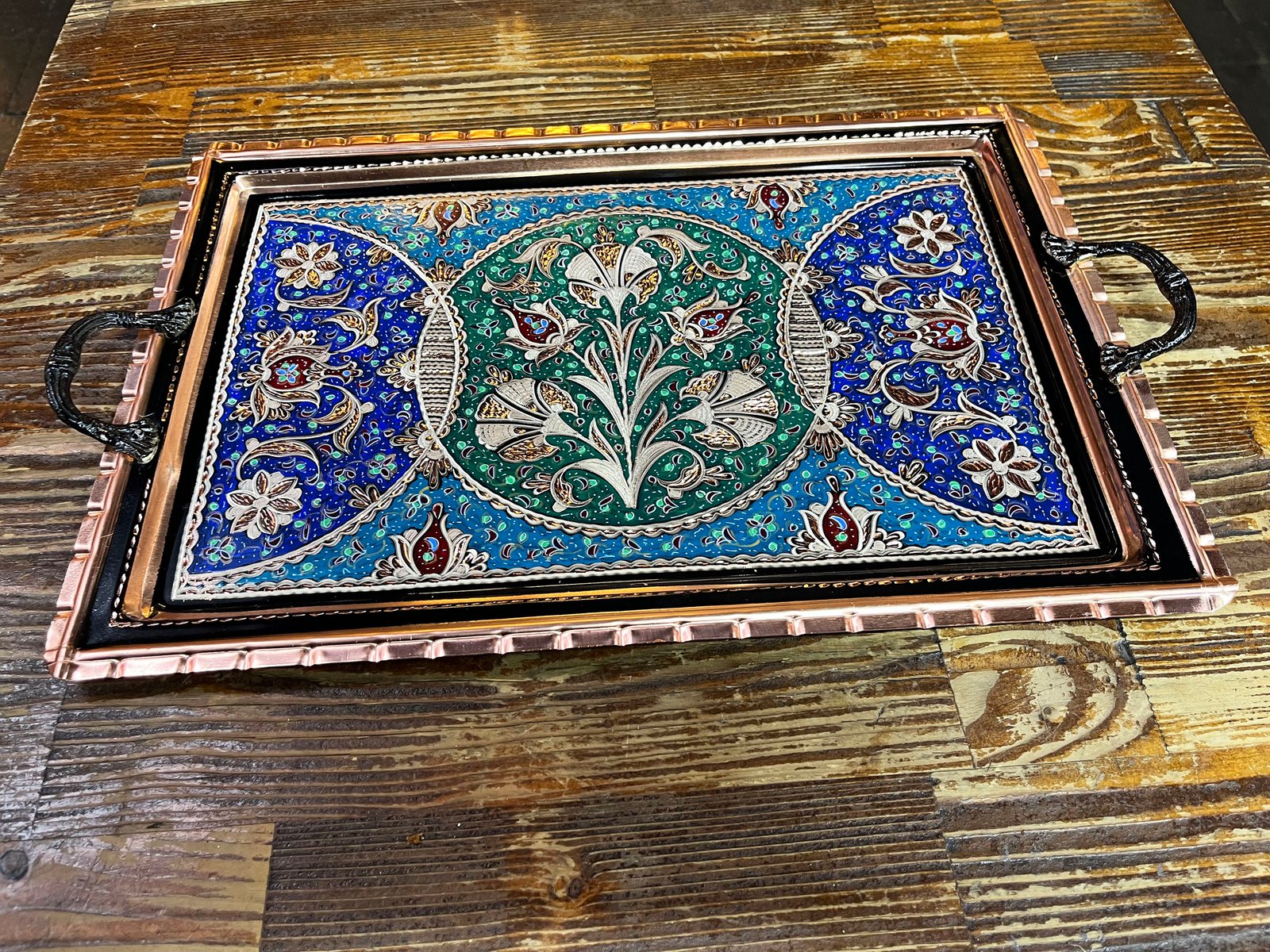 Traditional Carved Copper Tray with Handles for sale at Pamono