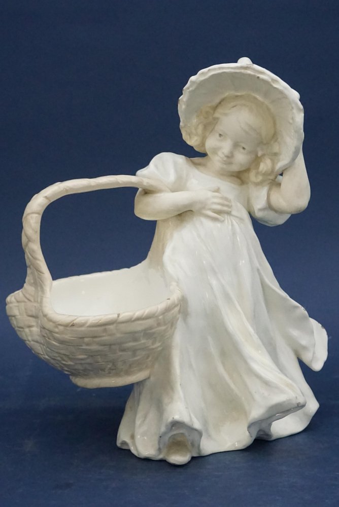 Art Nouveau Ceramic Figurine of Little Girl with Hat and Large Basket by Lefont for Goldscheider ...