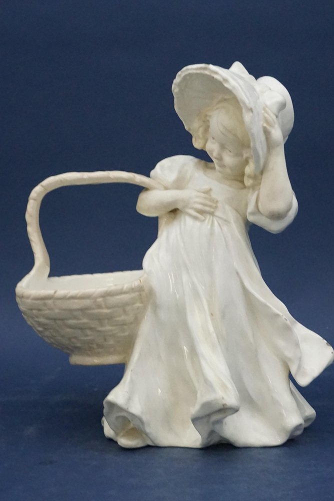 Art Nouveau Ceramic Figurine of Little Girl with Hat and Large Basket by Lefont for Goldscheider ...