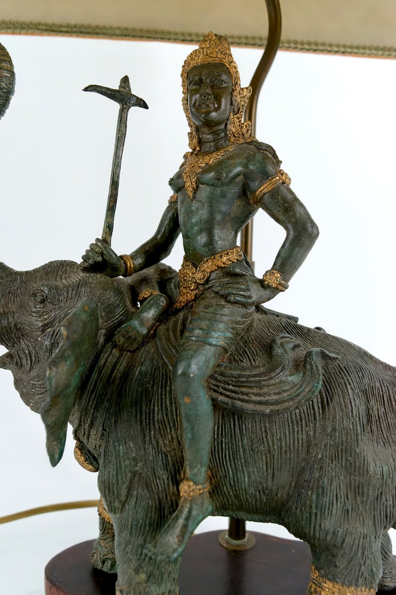 Sculptural Indra on Airavata Lamp in Bronze with Dual Patina, Thailand ...