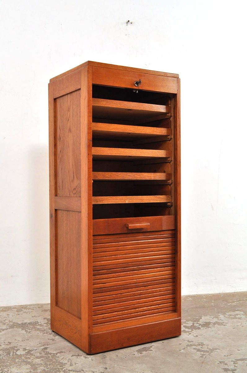 Vintage Roller Door Cabinet in Oak, 1930s for sale at Pamono
