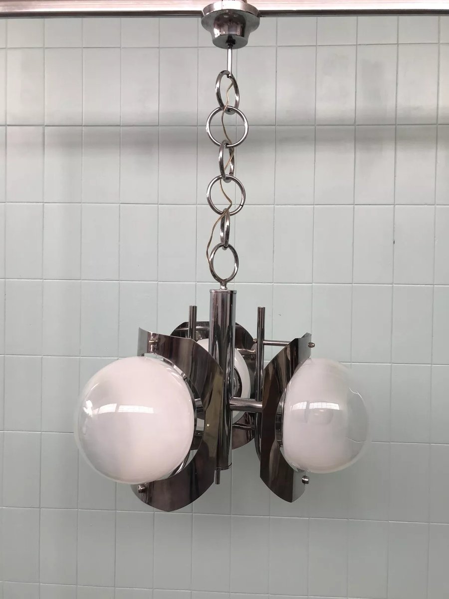 Italian Hanging Light in Chromed Steel and Glass Sphere Lampshades ...