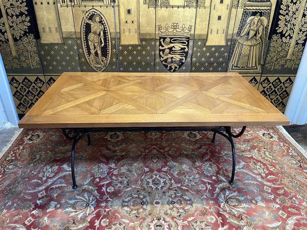 Iron Dining Table with Oak Parquet Top for sale at Pamono