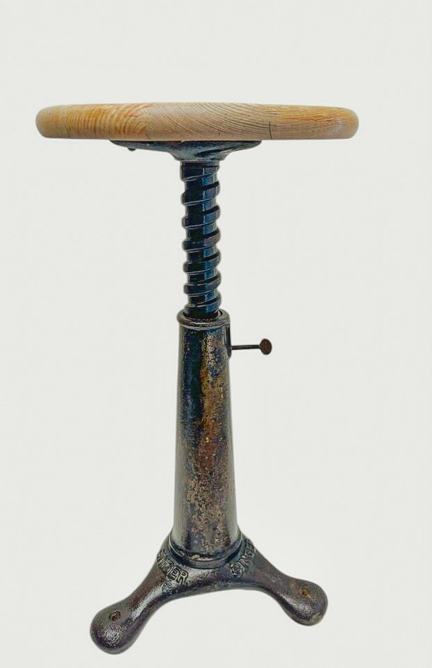 Adjustable Stool in Cast Iron and Wood from Singer, 1930s for sale at Pamono