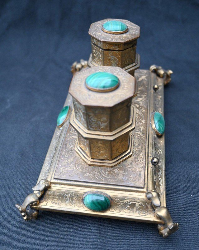 19th Century Russian Inkwell Desk Set in Gilt Bronze and Malachite for ...