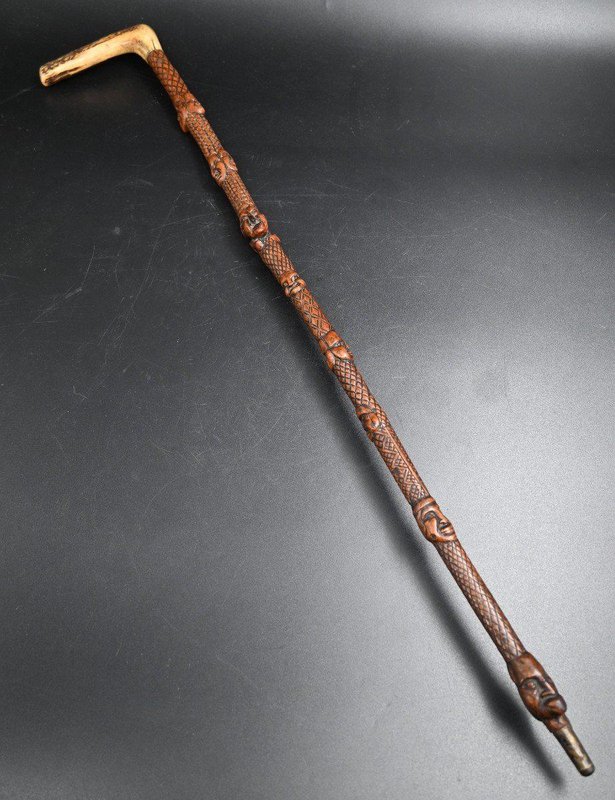 Carved Boxwood Cane with Multiple Faces for sale at Pamono