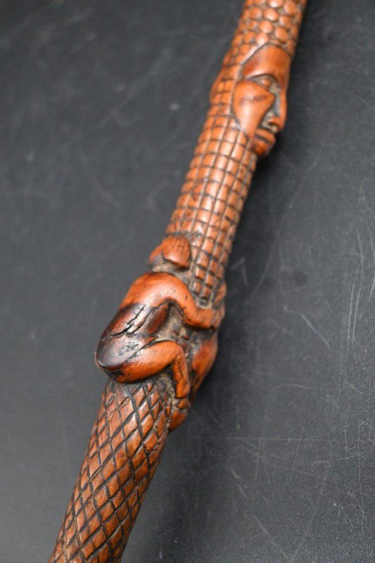 Carved Boxwood Cane with Multiple Faces for sale at Pamono