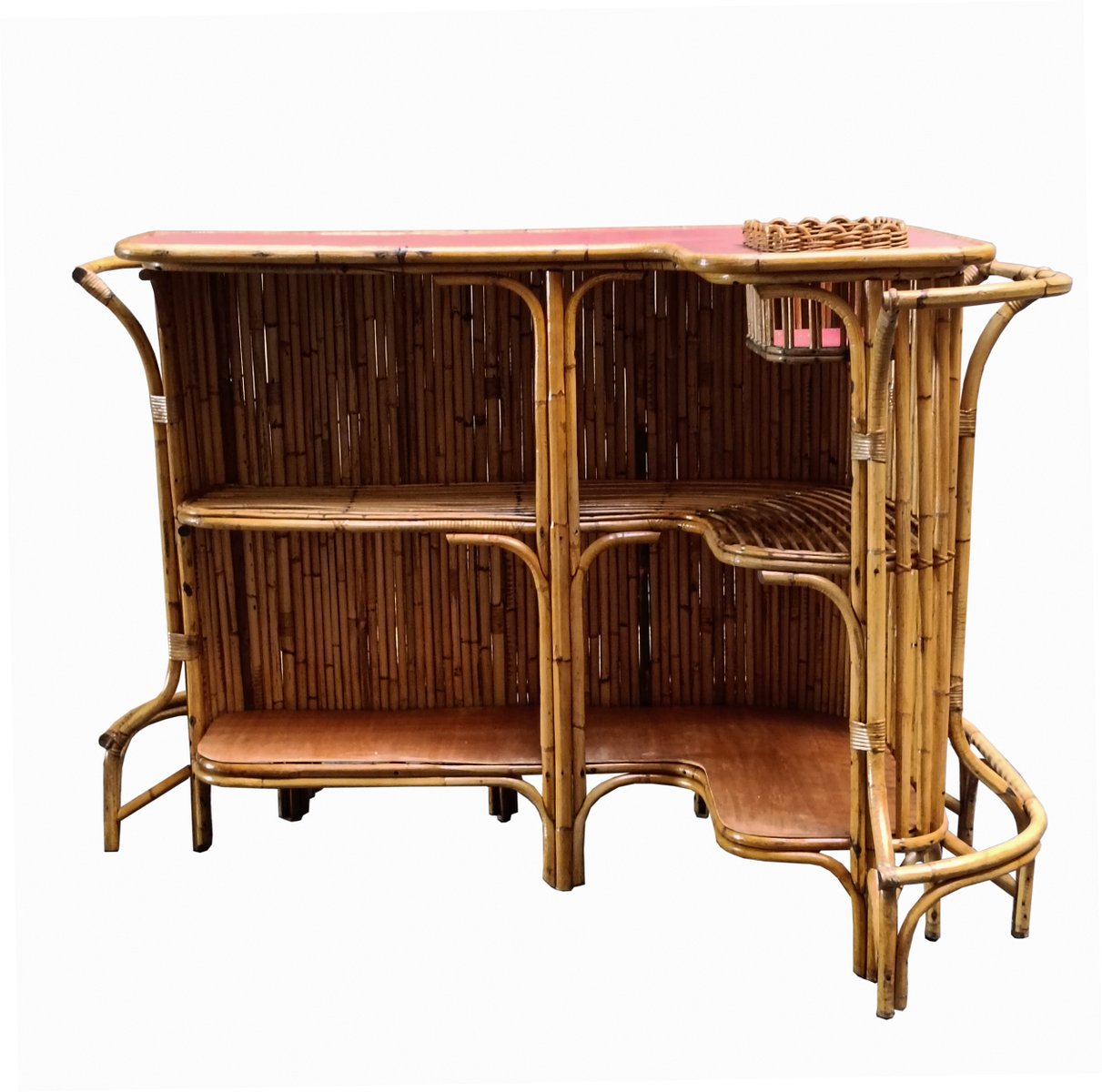 Mobile Bar in Rattan and Bamboo with Rattan Stools by Tito Agnoli ...