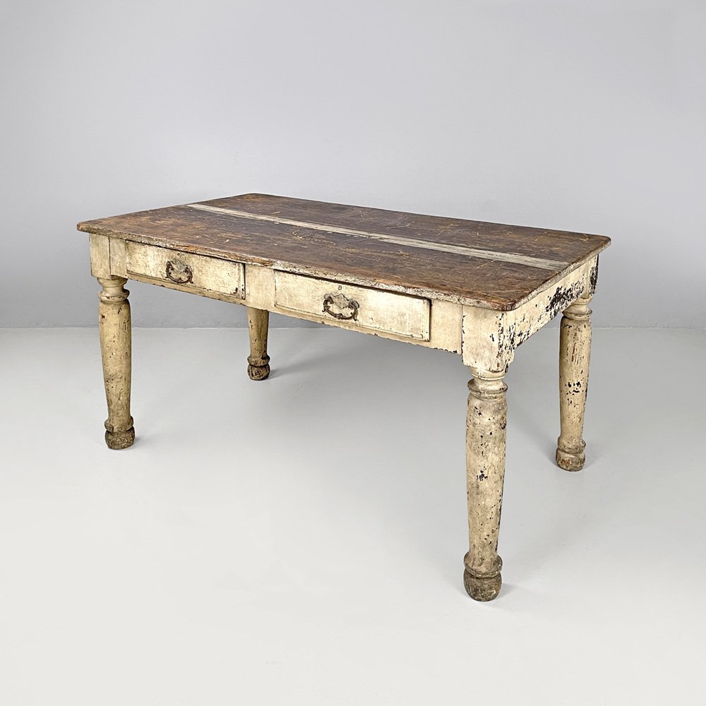 Antique Italian White Painted Wooden Dining Table with Two Drawers ...
