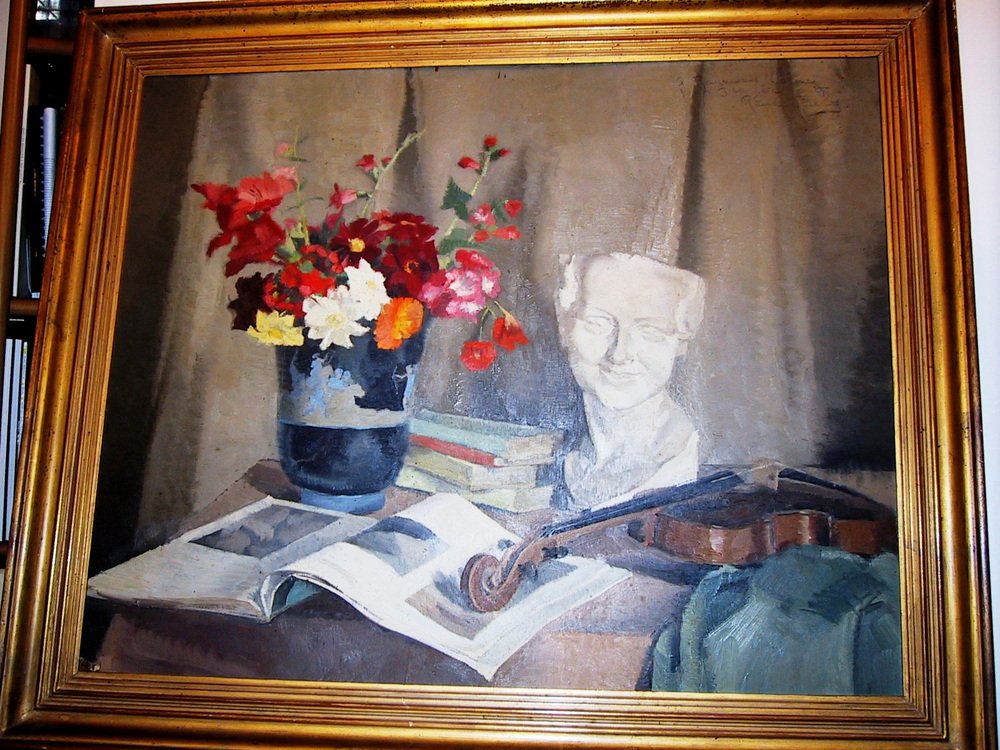 Reine Virely, Still Life of Flowers with Sculpture and Violin, Oil on ...
