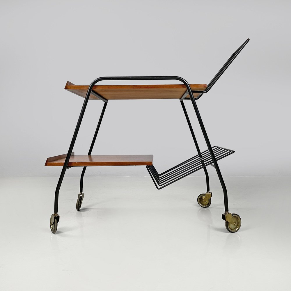 Mid-Century Modern Italian Wood and Black Metal Trolley with Brass ...