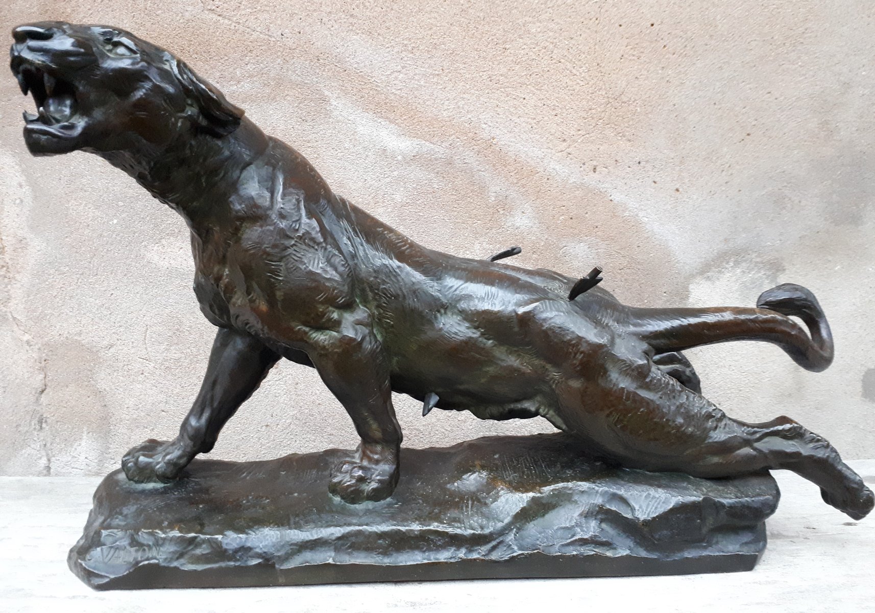 Grande Sculpture en Bronze d'une Lionne Blessée du 19ème Siècle par ...