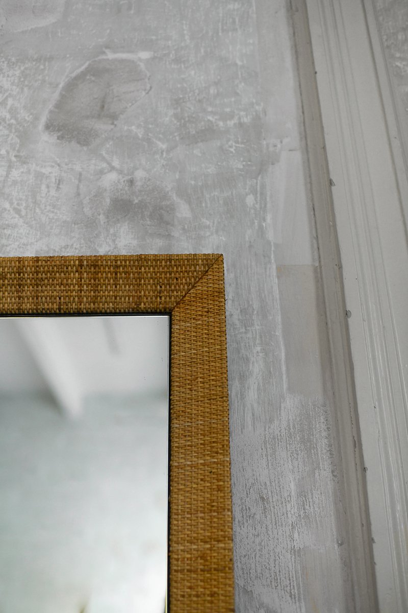 Large Rectangular Mirror with Cane Fabric Frame, 1980s for sale at Pamono
