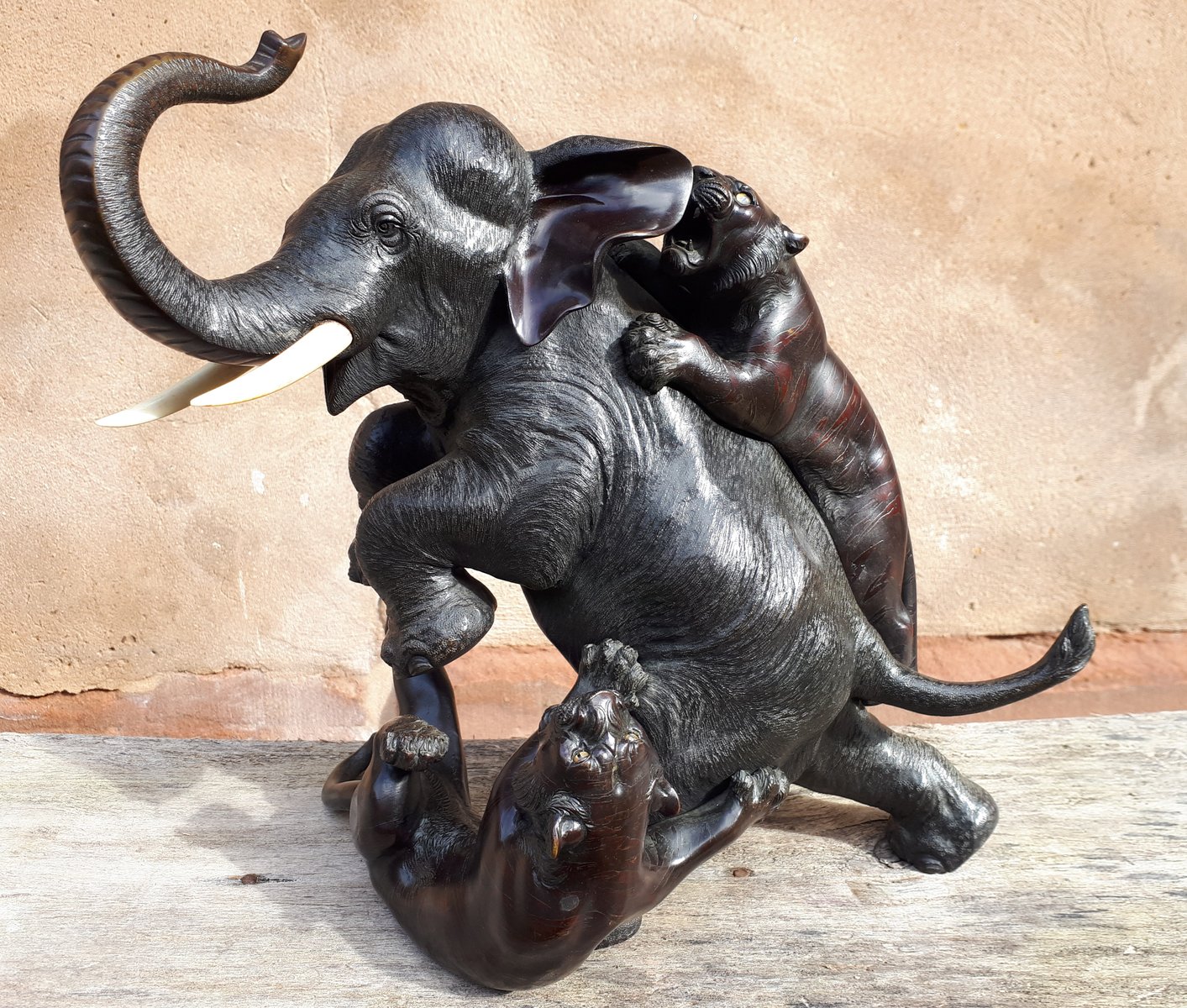 Meiji Okimono Bronze Sculpture of an Elephant Attacked by Tigers, Japan ...