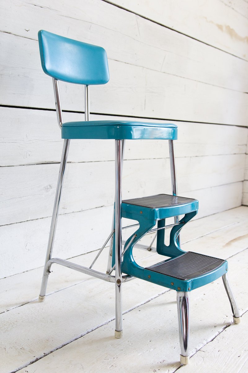 Ladder Stool with Retractable Steps in Chromed Tubular and Eco-Leather ...