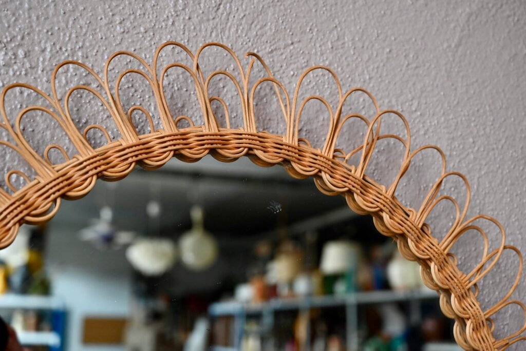 Large Vintage Wicker Sun Mirror for sale at Pamono