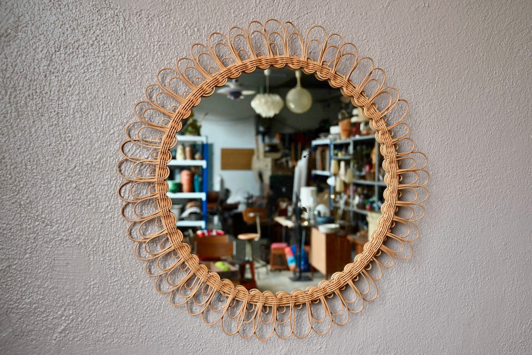 Large Vintage Wicker Sun Mirror for sale at Pamono