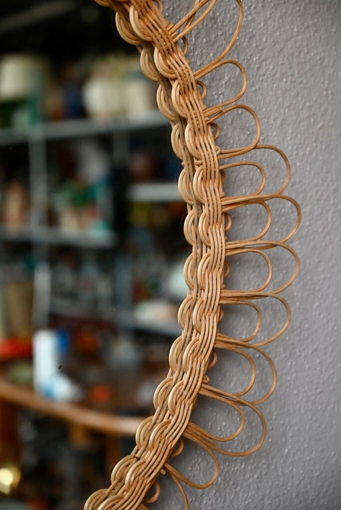 Large Vintage Wicker Sun Mirror for sale at Pamono