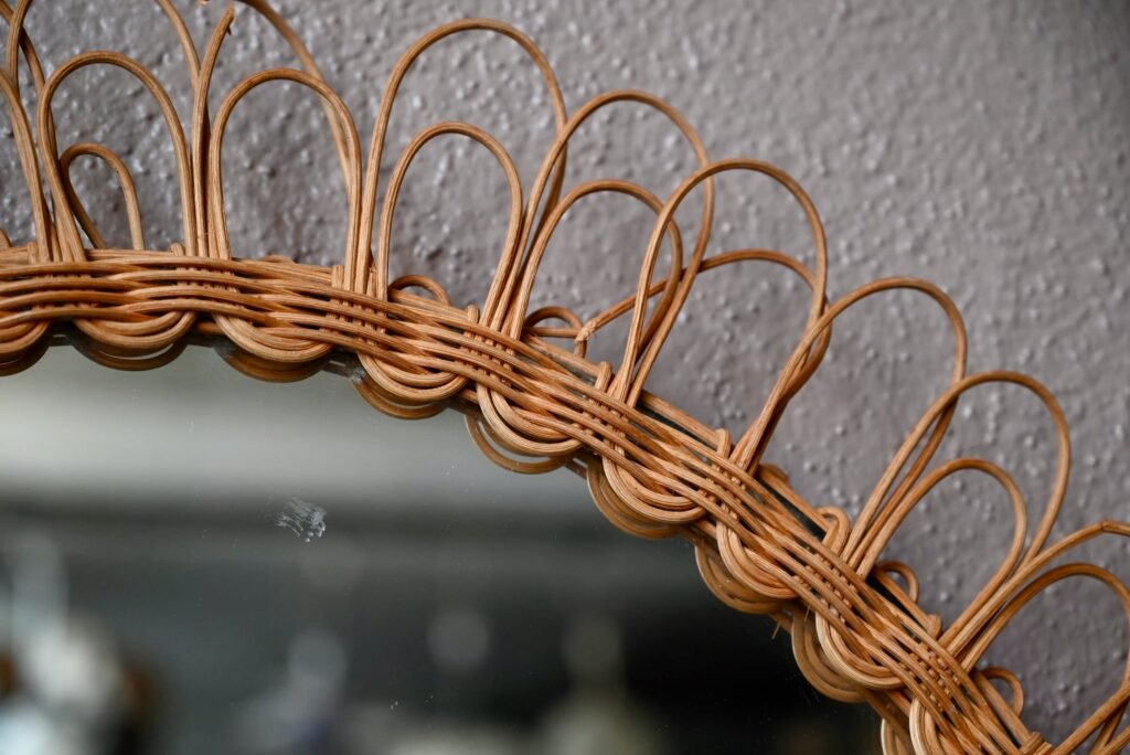 Large Vintage Wicker Sun Mirror for sale at Pamono