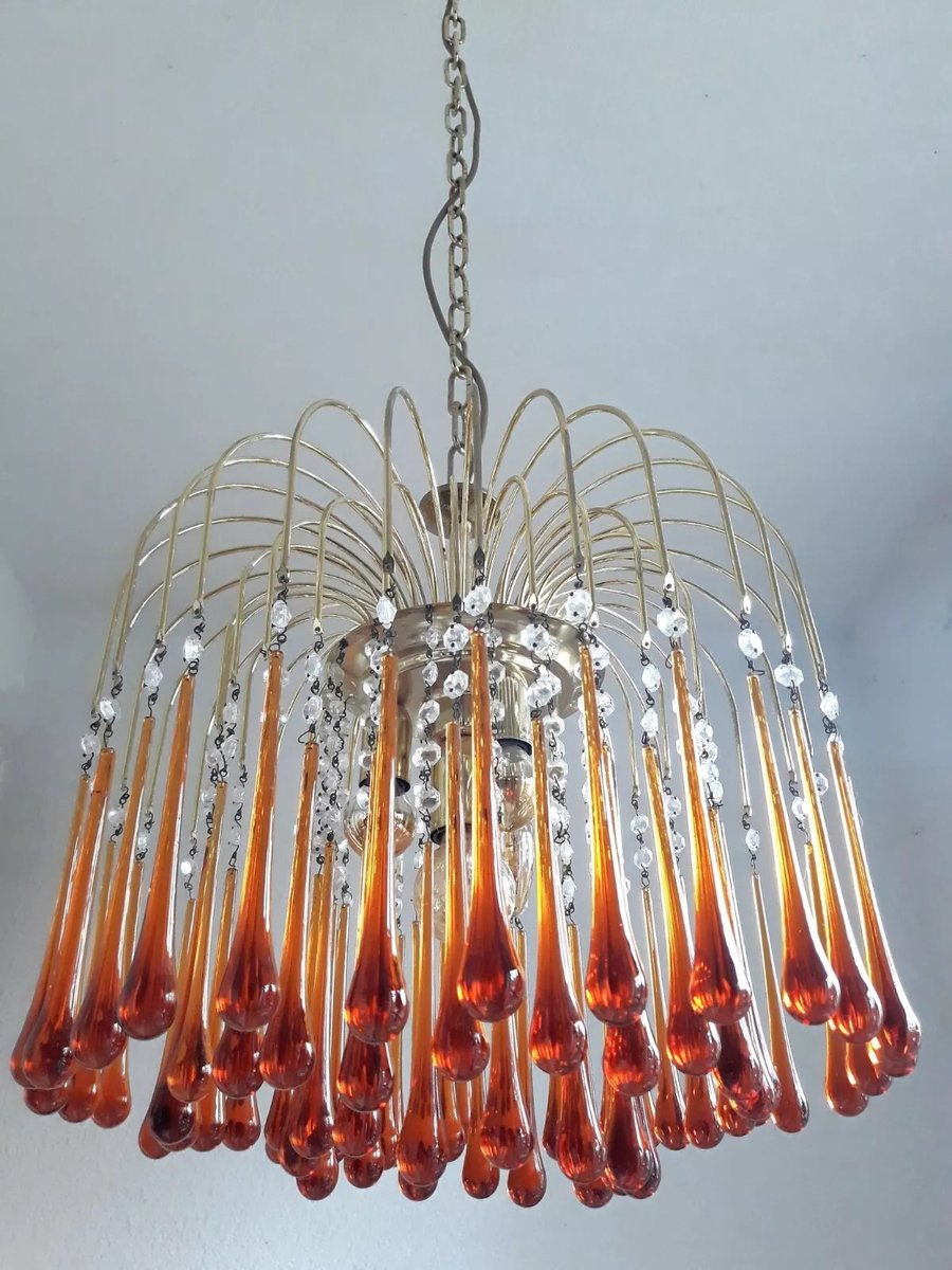 Vintage Waterfall Lamp in Amber Glass Drops Crystals, 1970s for sale at ...