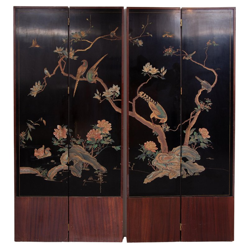 Mid-Century Chinese Modern Four Panel Screen with Landscape & Birds ...