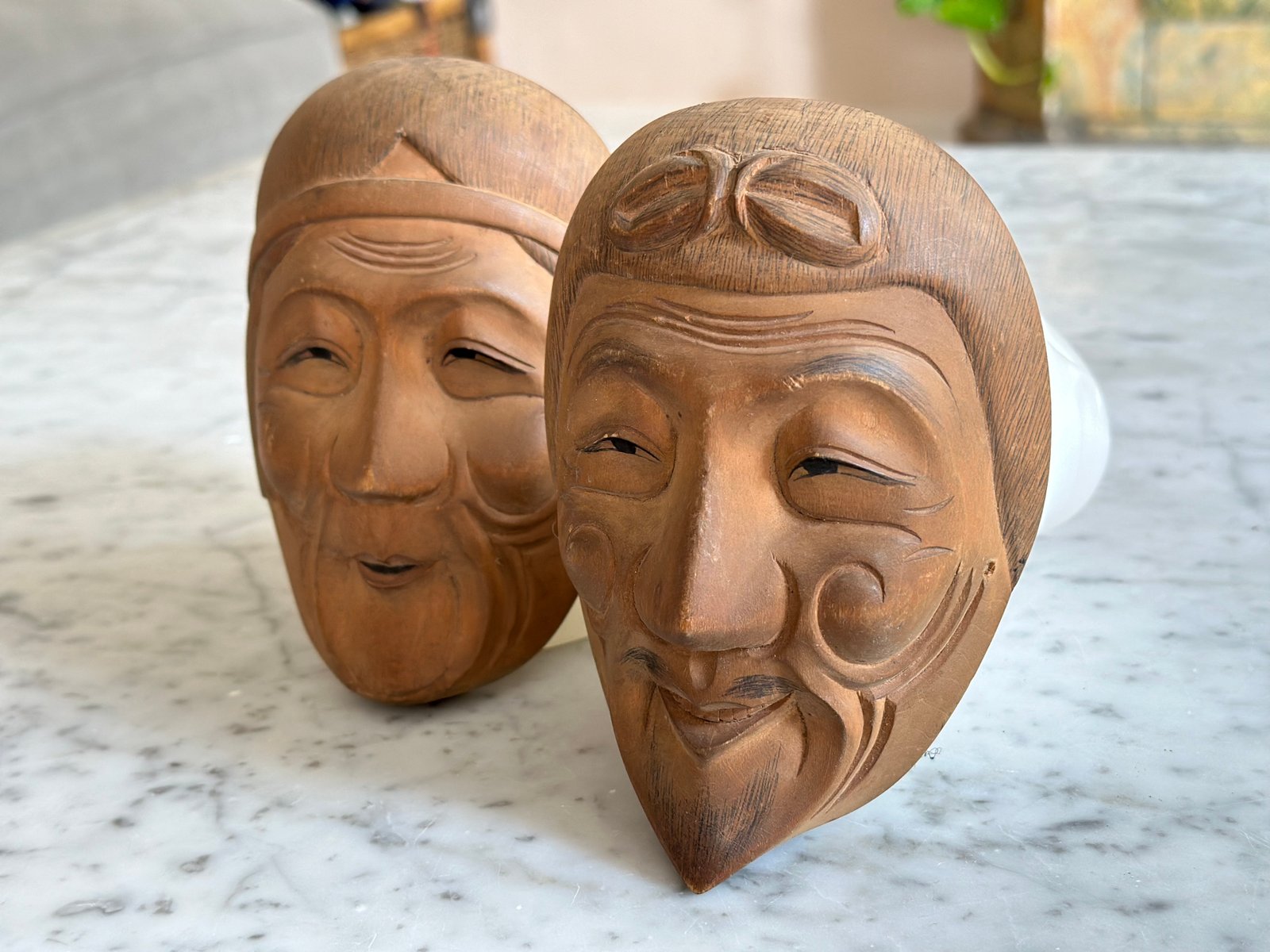 Vintage Japanese Kyogen Masks in Hand-Carved Wood, 1950s, Set of 2 for ...