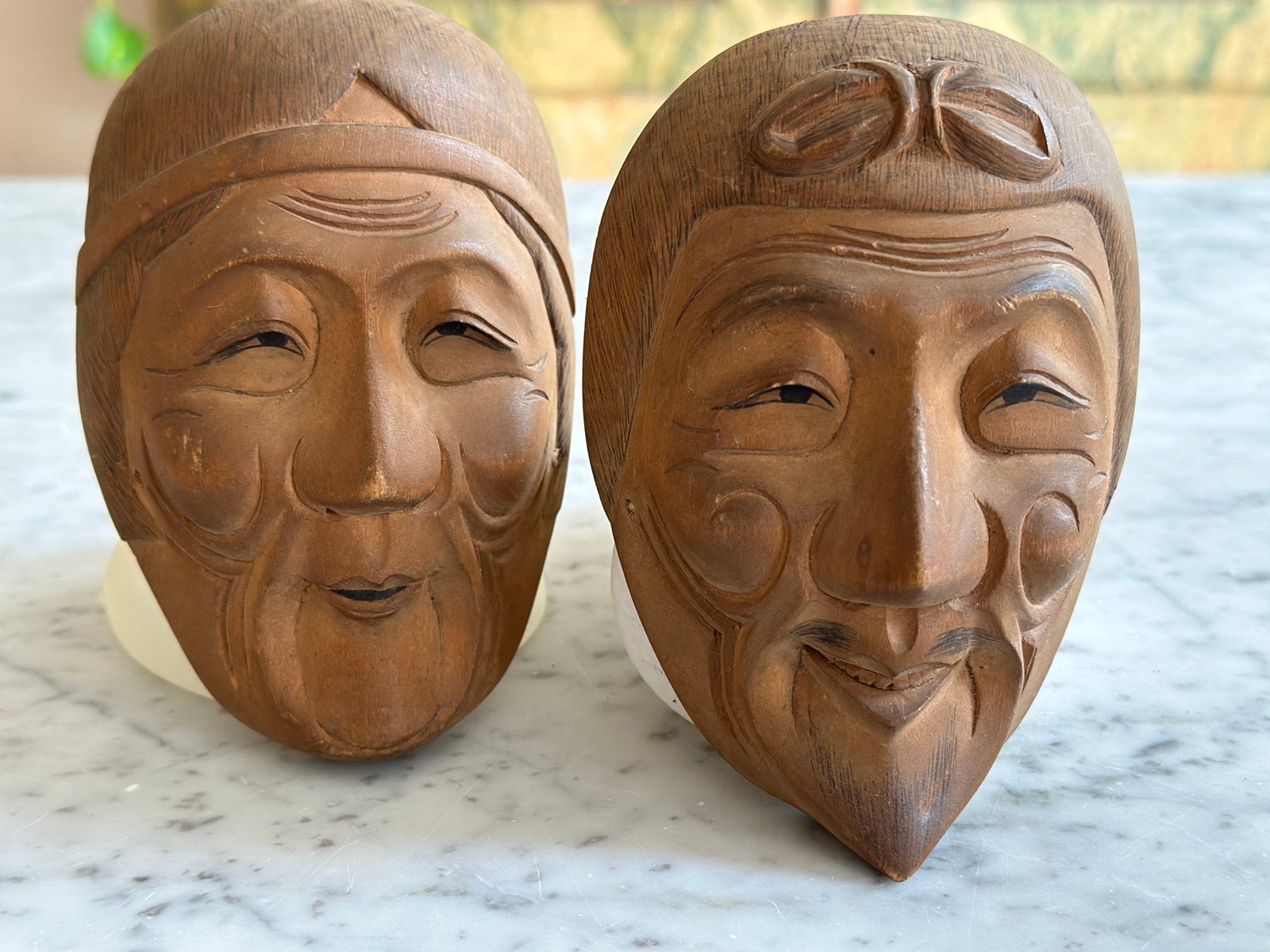 Vintage Japanese Kyogen Masks in Hand-Carved Wood, 1950s, Set of 2 for ...