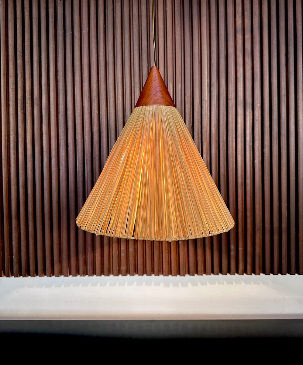 Conical Hanging Lamp in Teak Covered with Straw Weave from Temde ...