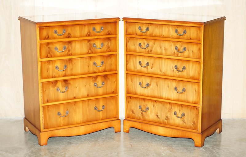Large Tall Sheraton Revival Burr Yew Chests of Drawers, Set of 2 for ...