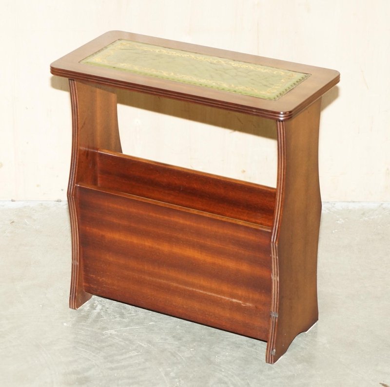 Vintage Side Table with Magazine Rack in Green Leather and Flamed ...