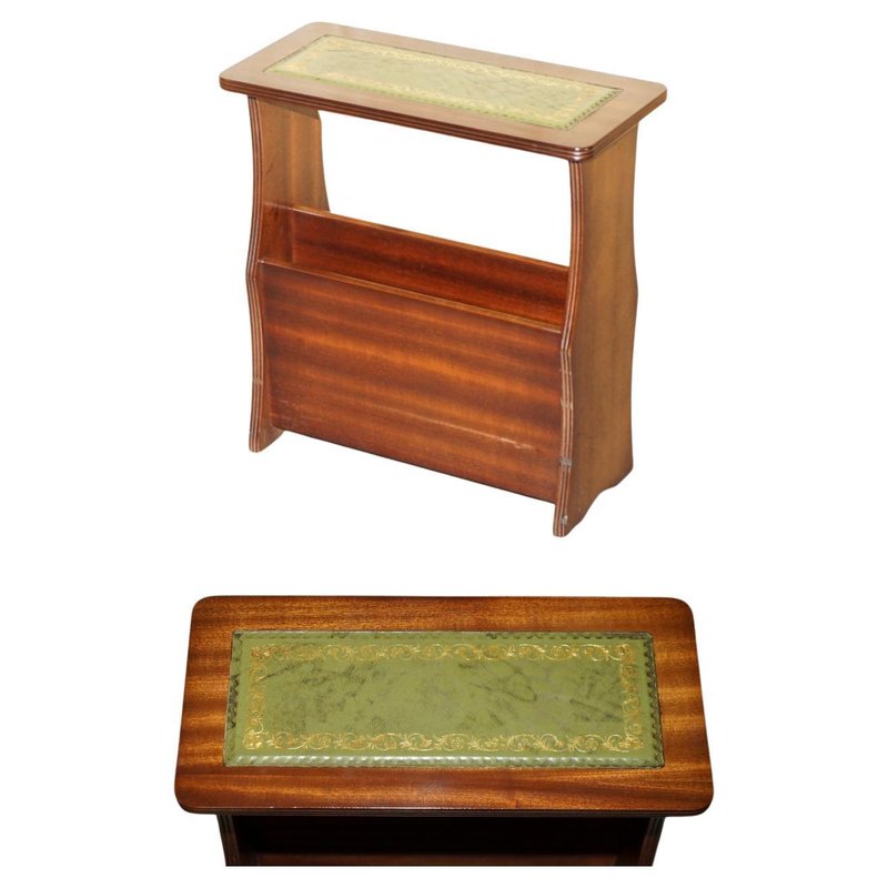 Vintage Side Table with Magazine Rack in Green Leather and Flamed ...