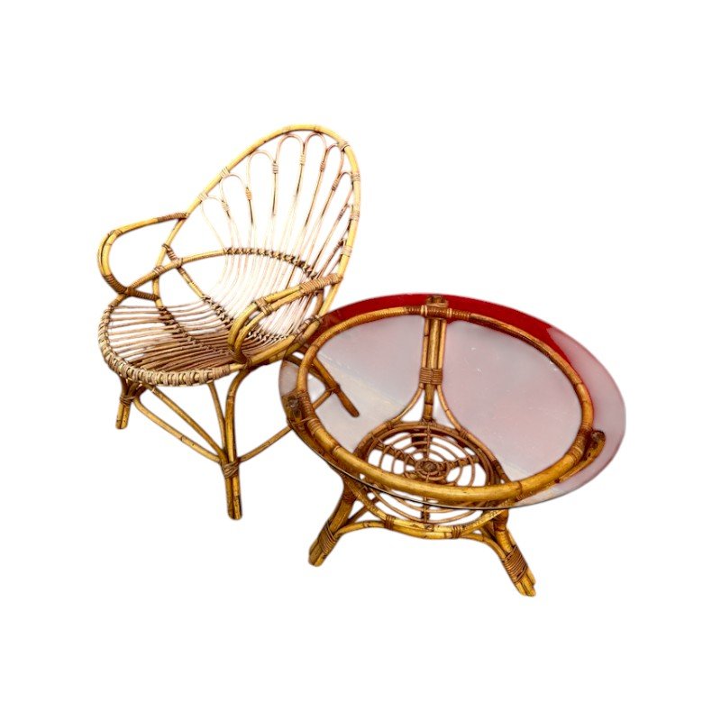 Set of Mid-Century Spanish Wicker Chair and Table for sale at Pamono