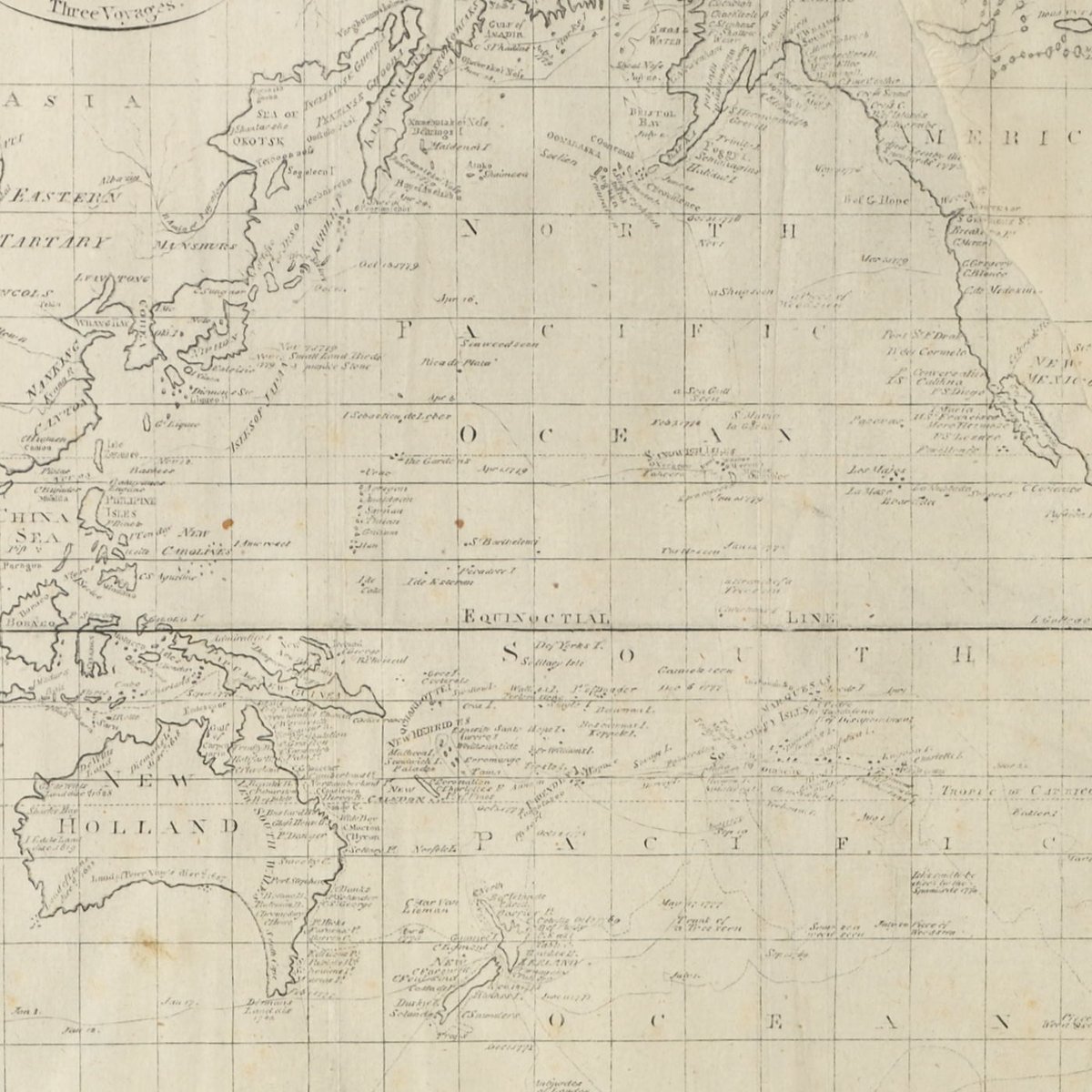 Copperplate Print Map of the Pacific Ocean with Voyages of Captain ...