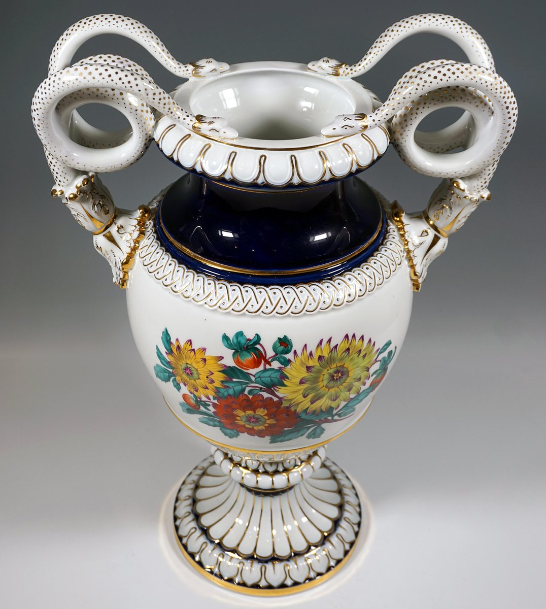 Meissen Snake Handle Vase with Flower Boquet Painting attributed to ...
