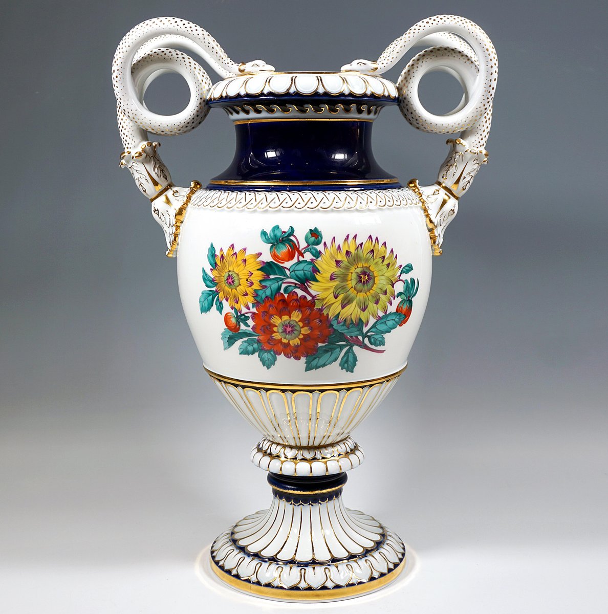 Meissen Snake Handle Vase with Flower Boquet Painting attributed to ...