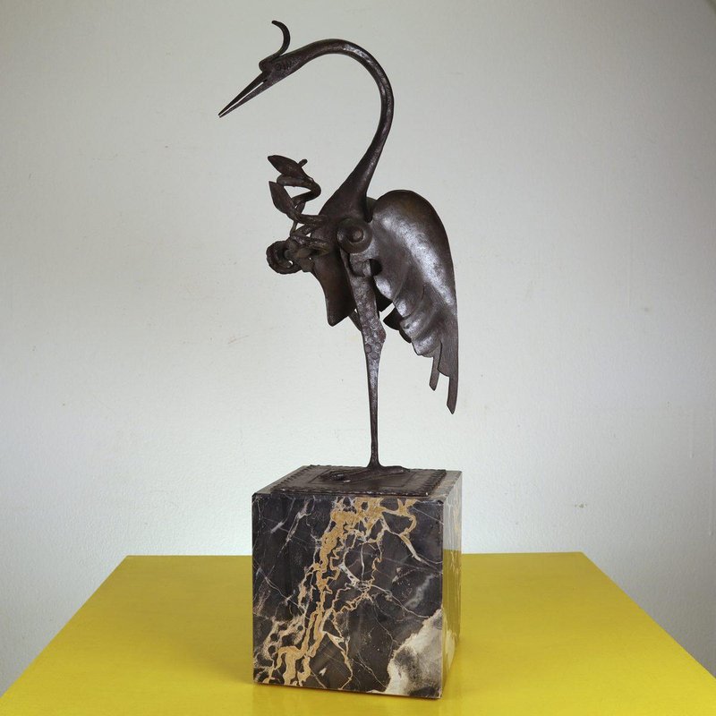 After Carlo Rizzarda, Bird Sculpture, Iron with Black Marble Base for ...