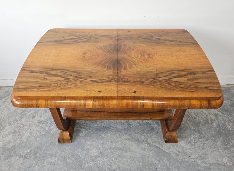 Art Deco Extendable Dining Table with Harp-Shade Legs in Walnut Root ...