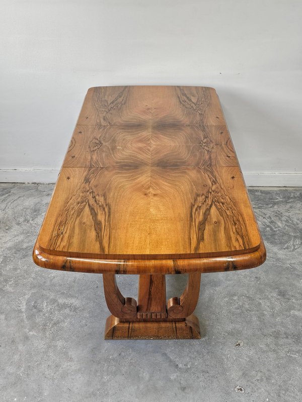 Art Deco Extendable Dining Table with Harp-Shade Legs in Walnut Root ...