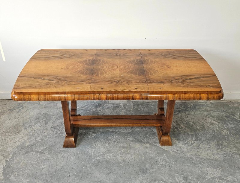 Art Deco Extendable Dining Table with Harp-Shade Legs in Walnut Root ...