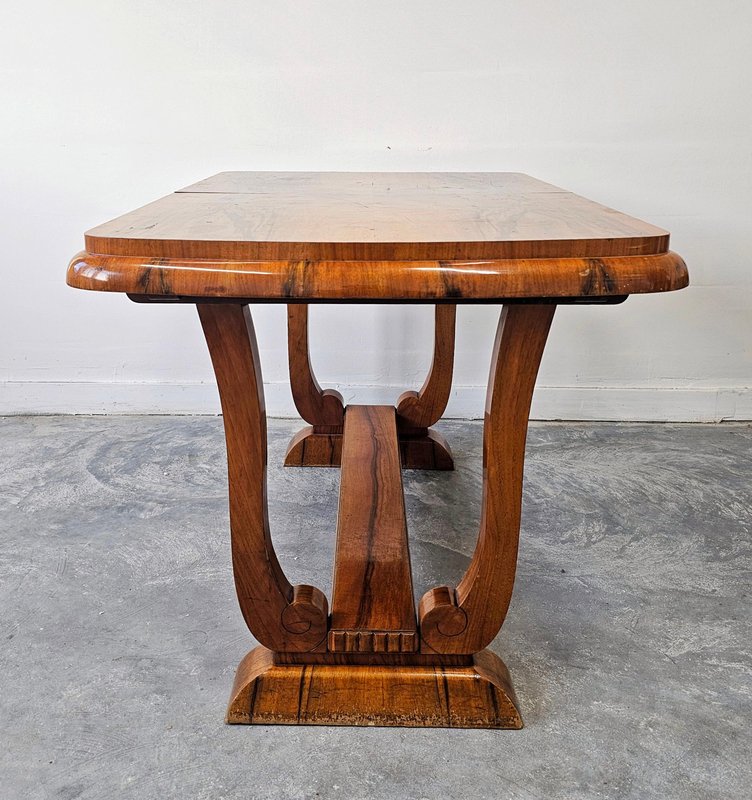 Art Deco Extendable Dining Table with Harp-Shade Legs in Walnut Root ...