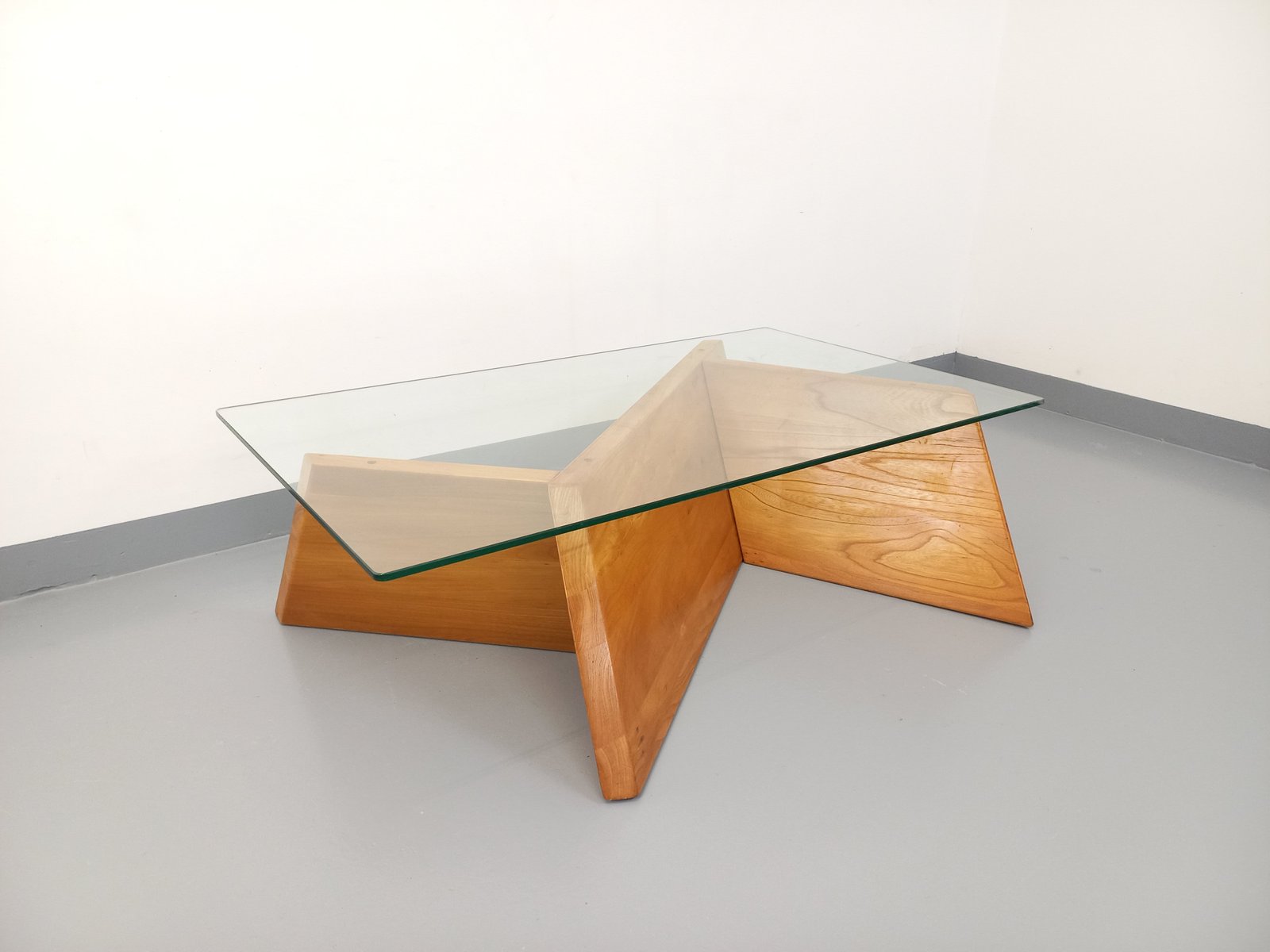 Vintage Rectangular Coffee Table in Elm and Glass, 1980s for sale at Pamono
