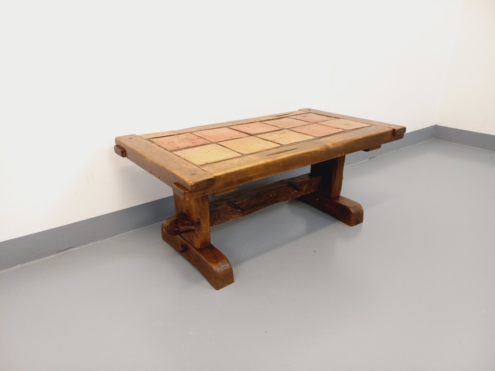 Vintage Brutalist Rectangular Coffee Table in Oak and Ceramic, 1970s for sale at Pamono