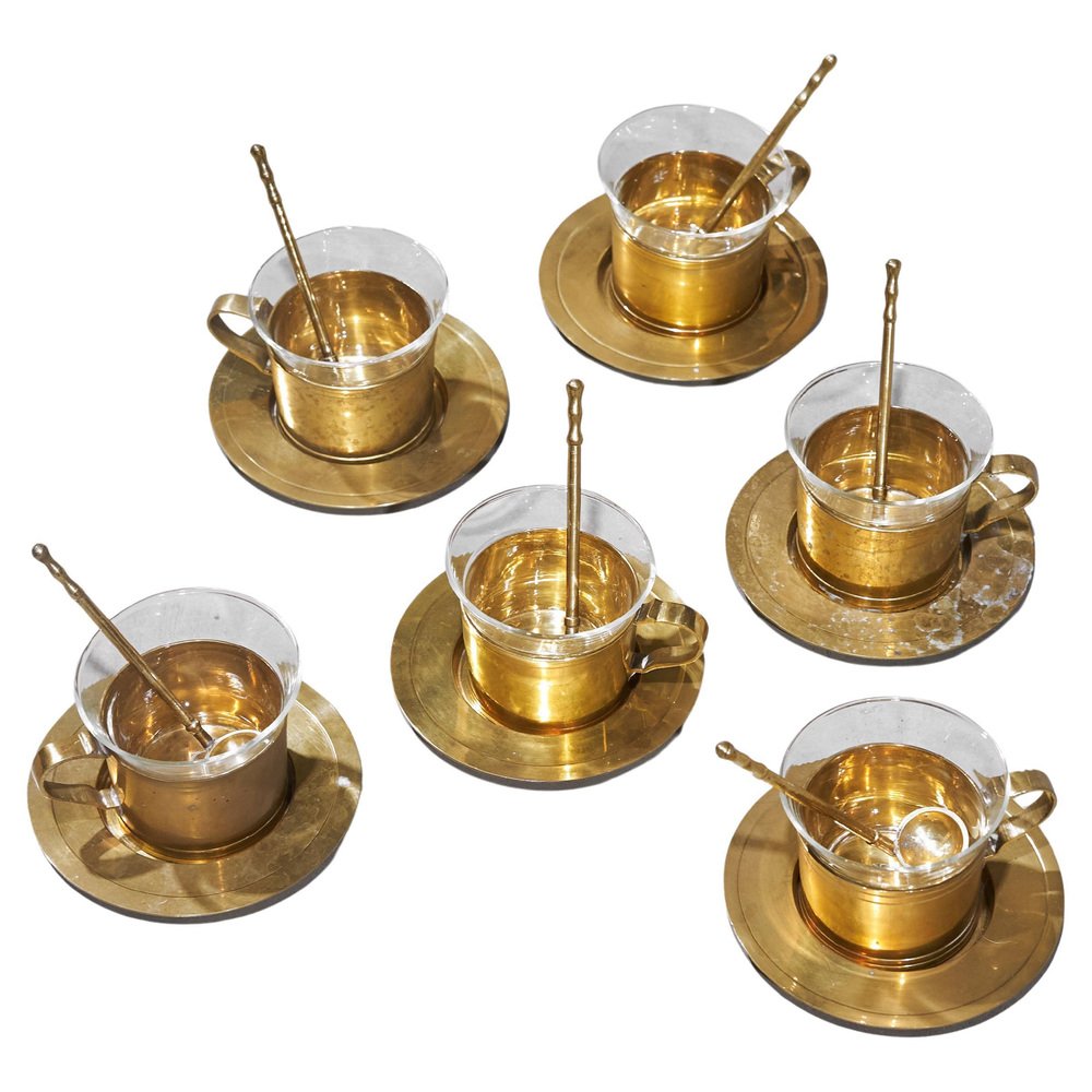Mid-Century Tea Set in Patinated Brass and Glass, 1960s, Set of 6 for ...