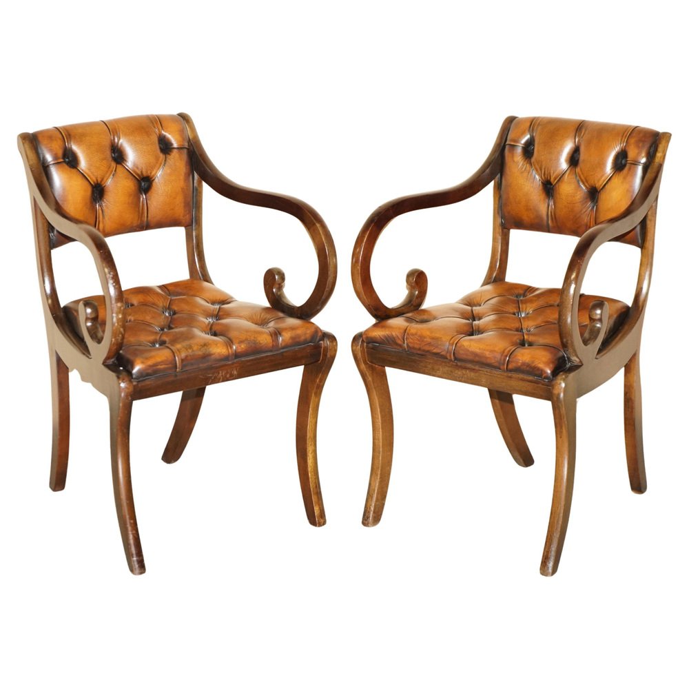 Chesterfield Library Chairs in Brown Leather, Set of 2 for sale at Pamono