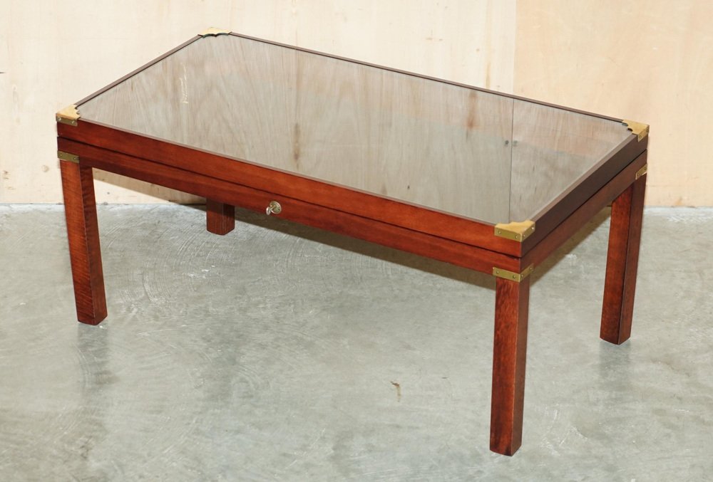 Military Campaign Style Coffee Table with Exhibition Glass Display Case ...