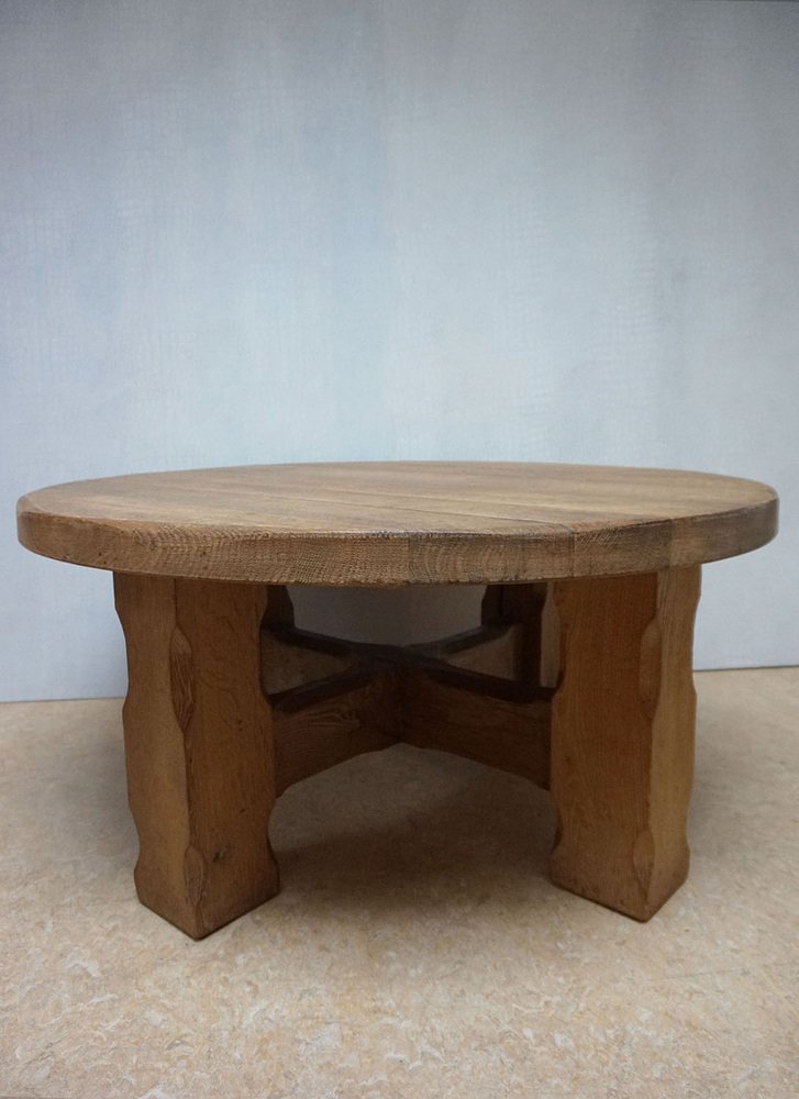 Brutalist Wabi-Sabi Handcrafted Round Oak Coffee Table, 1960s for sale at Pamono