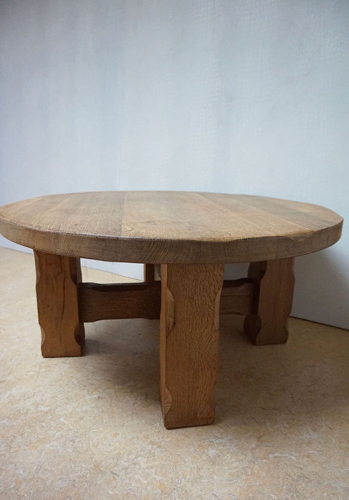 Brutalist Wabi-Sabi Handcrafted Round Oak Coffee Table, 1960s for sale at Pamono