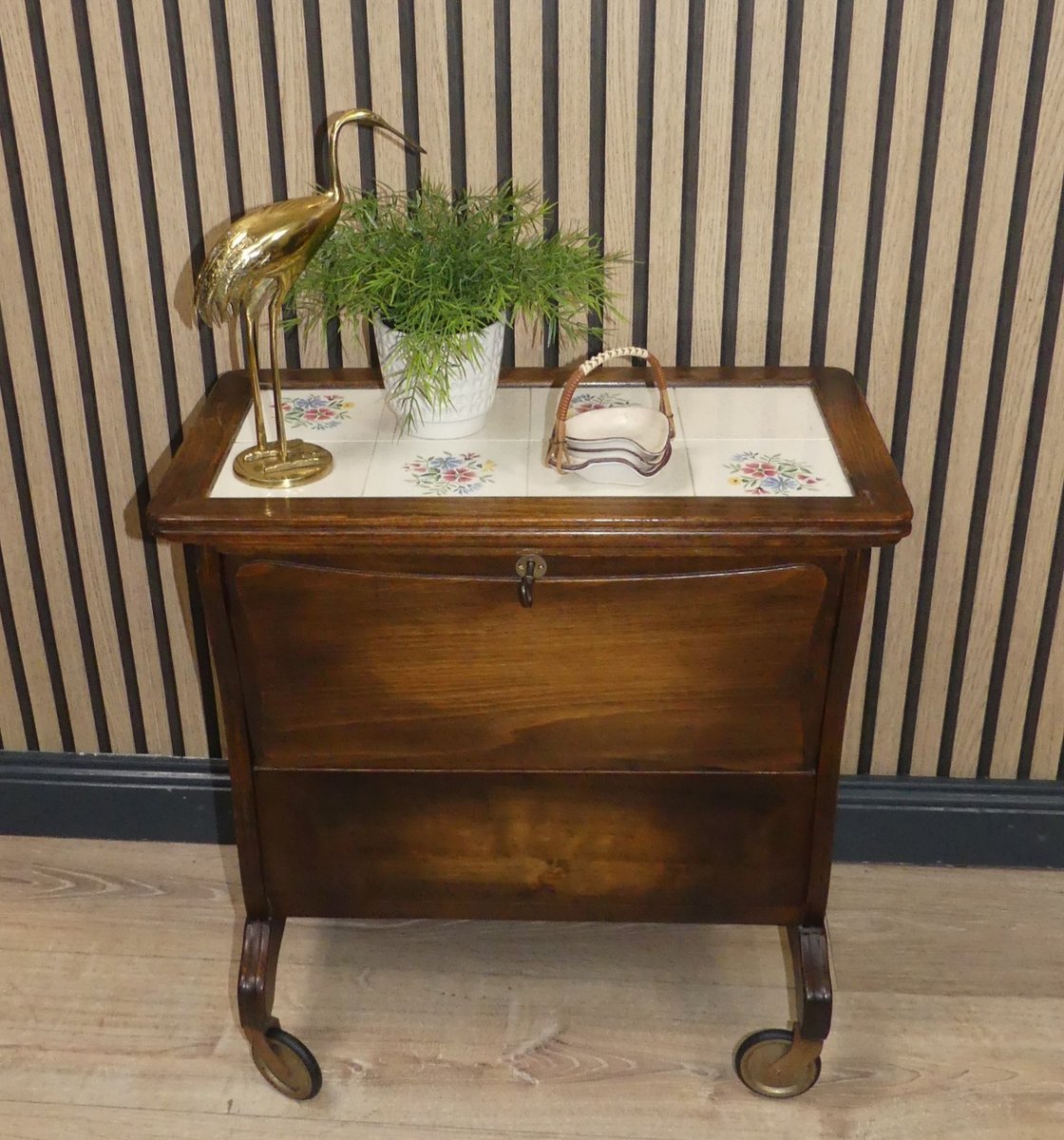 Vintage Bar Cart with Newspaper Rack and Floral Tiled Top for sale at ...