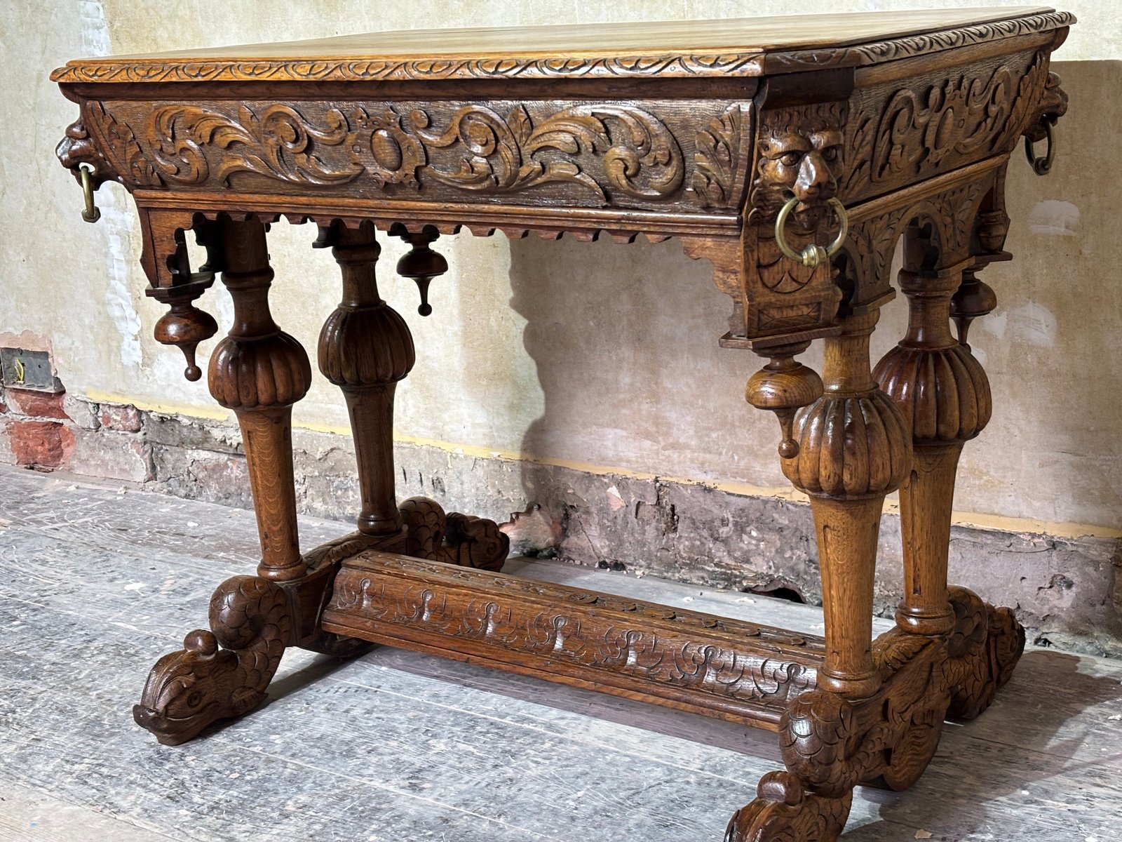 Carved Oak Dolphin and Lion Library Table for sale at Pamono